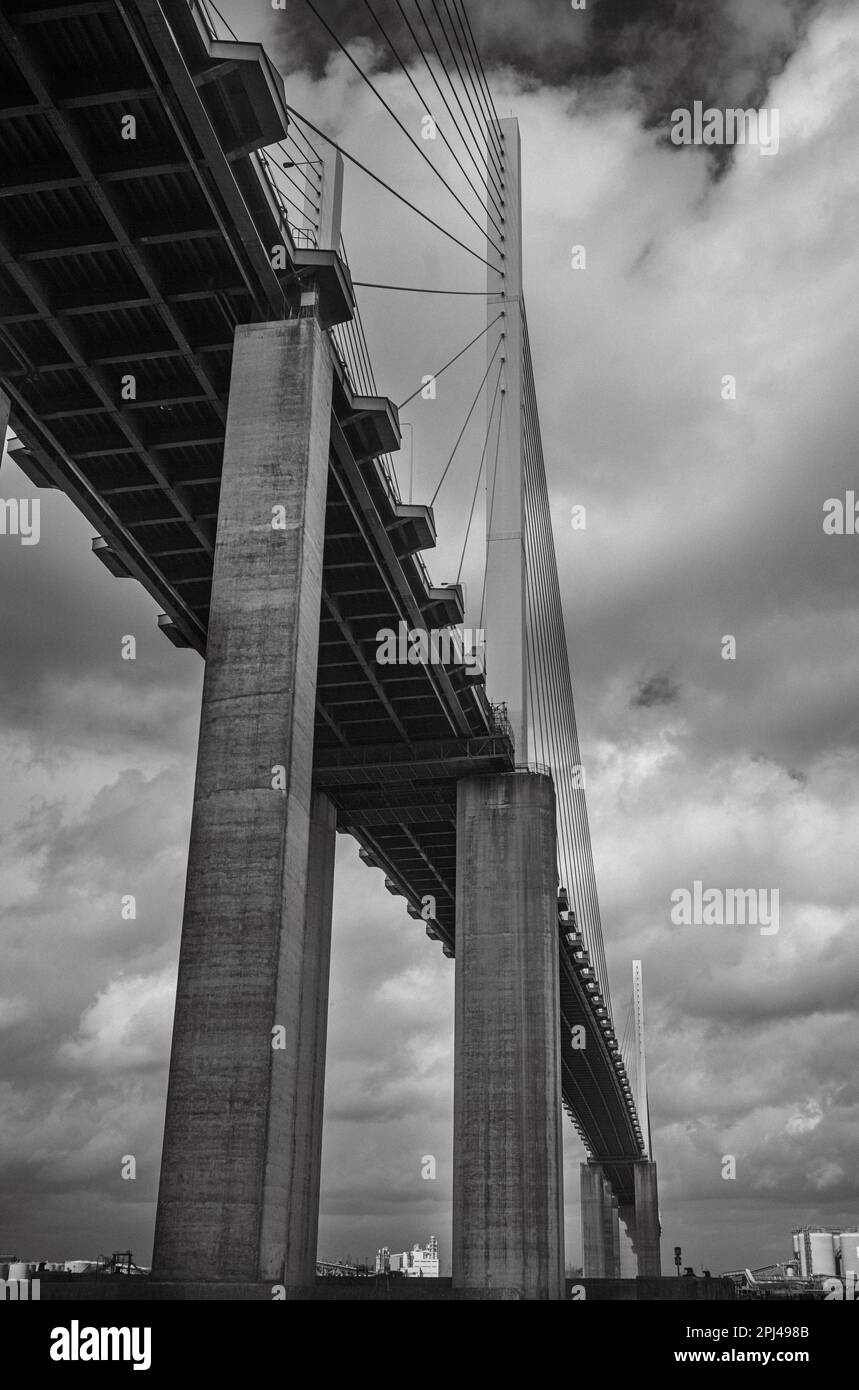 A view looking up at the Dartford Crossing and QE2 bridge linking Kent ...