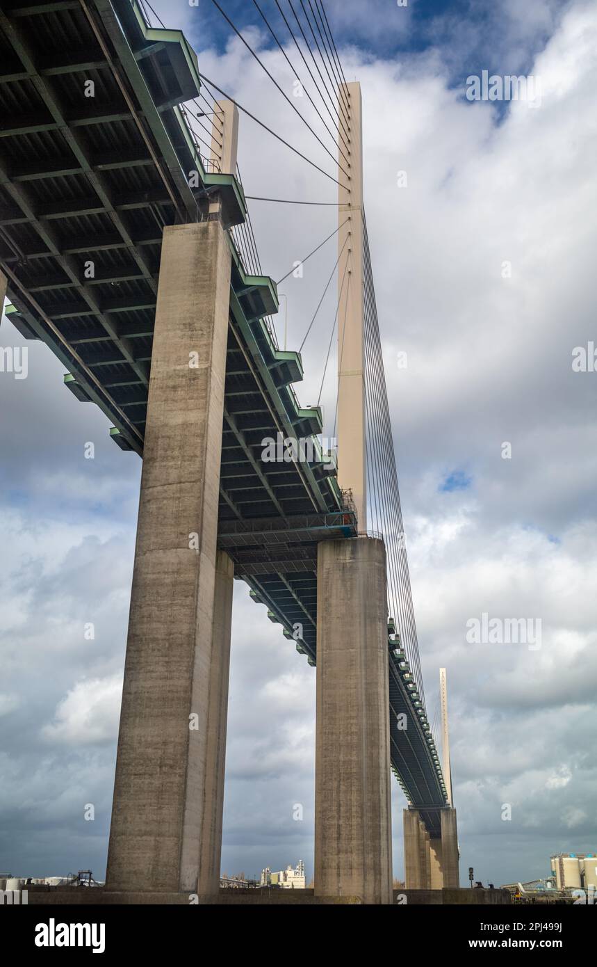 A view looking up at the Dartford Crossing and QE2 bridge linking Kent ...