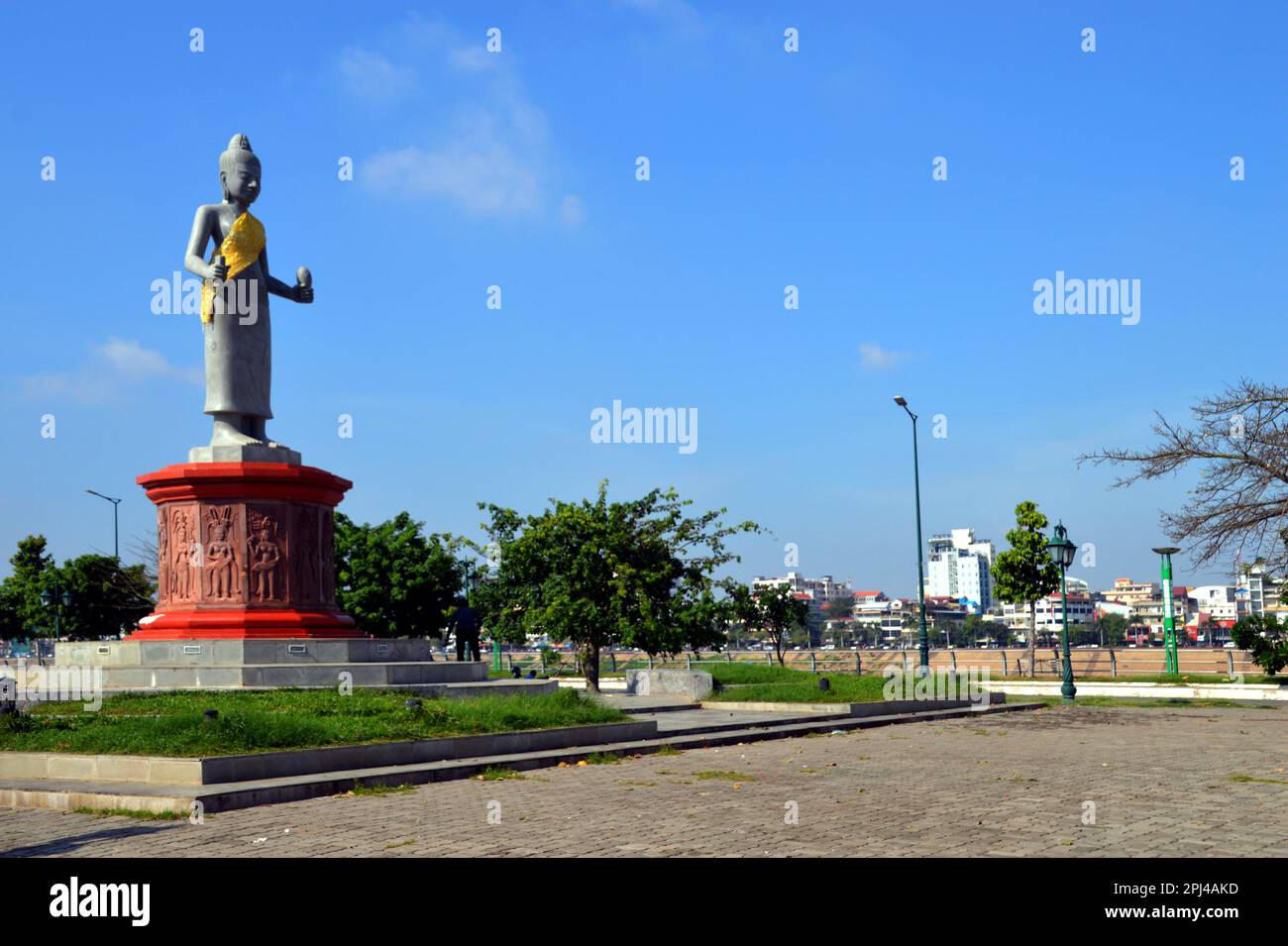 Cambodia, Phnom Penh: standing figure of Buddha in a park on Koh Dach ...