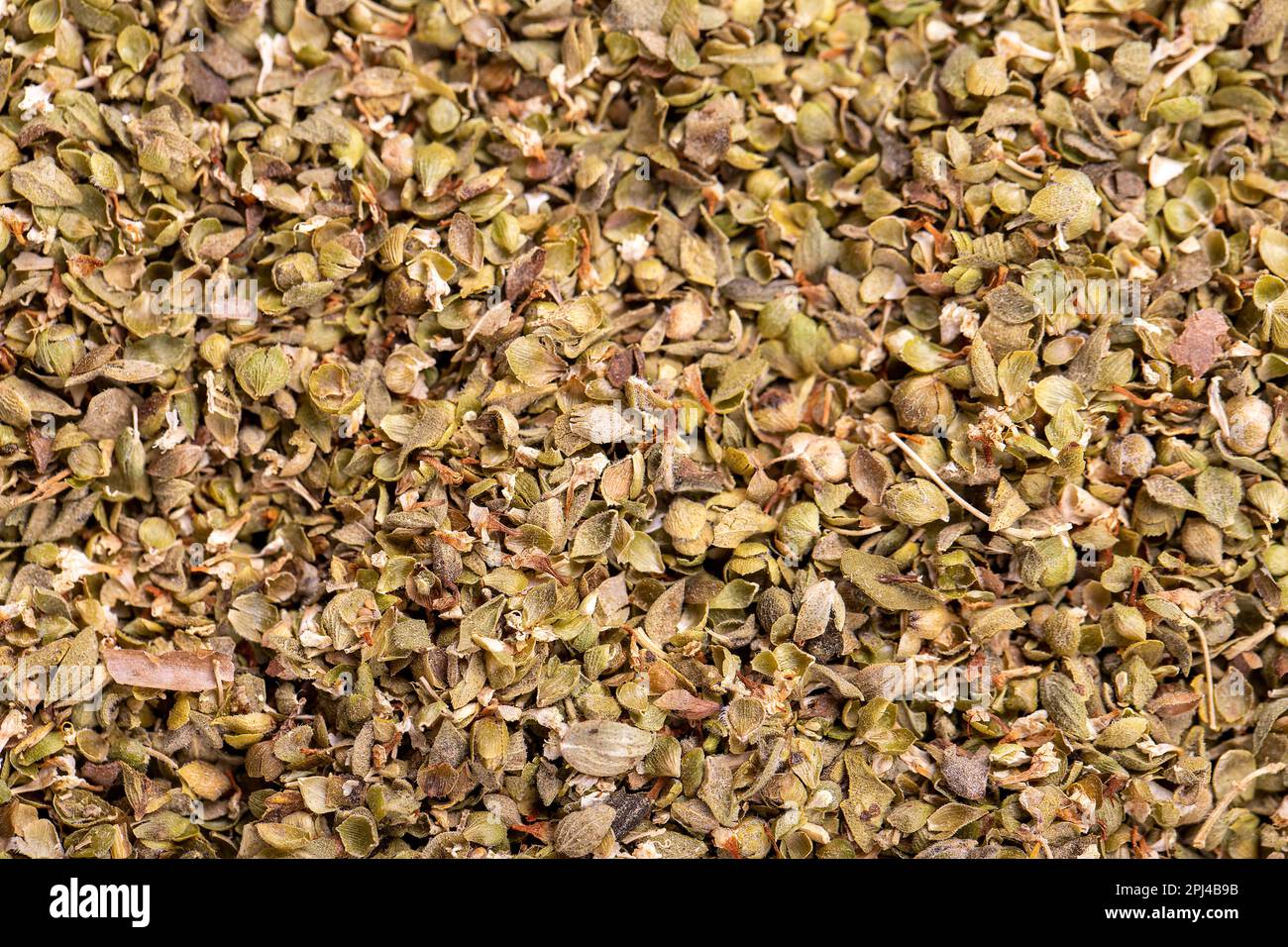 Thyme spice. Bulk dry thyme leaves food background. Spice concept ...