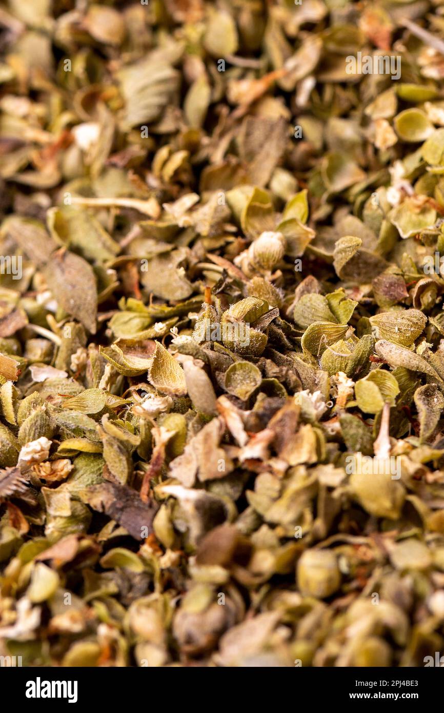 Thyme spice. Bulk dry thyme leaves food background. Spice concept ...