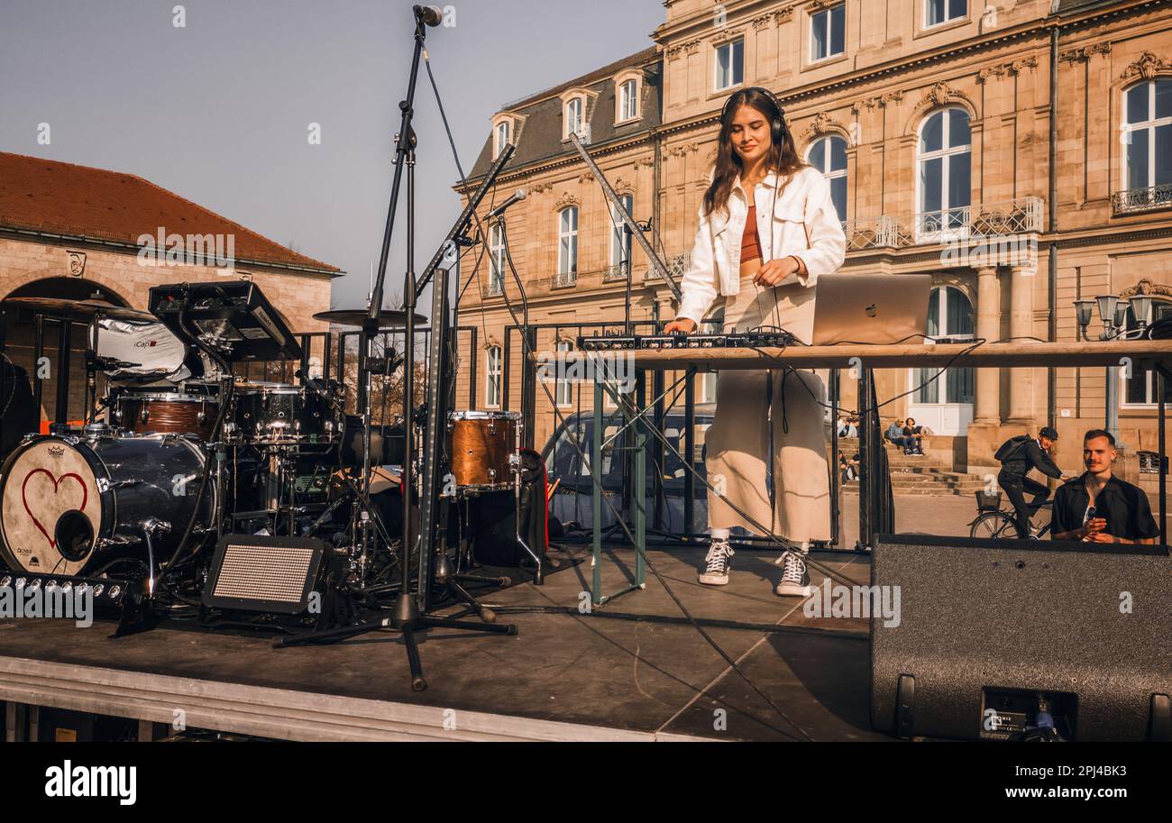 Stuttgart,Germany,March 25,2022:Castle park A DJane was playing a gig ...