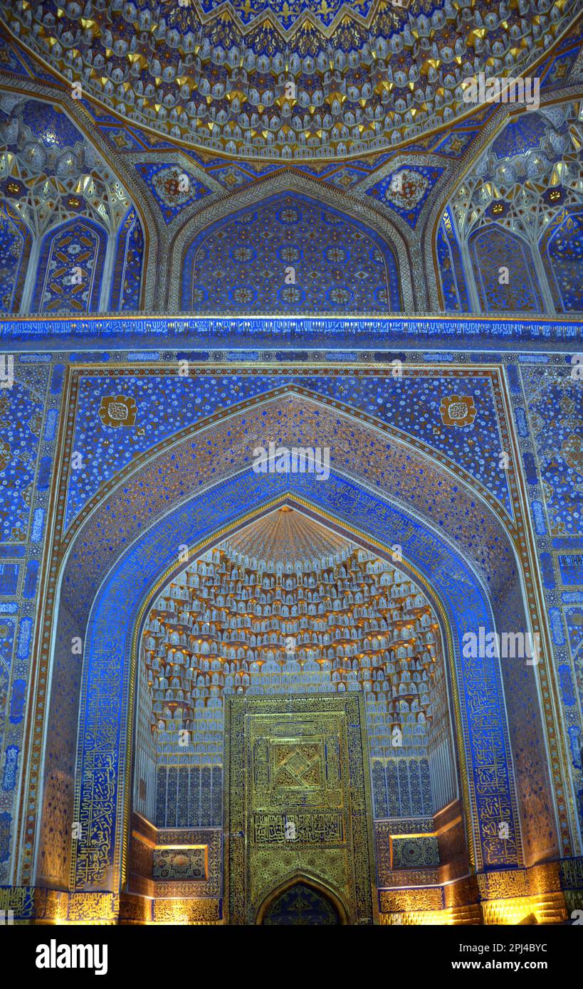Uzbekistan, Samarkand, Registan: extensive gilding of the inner walls ...