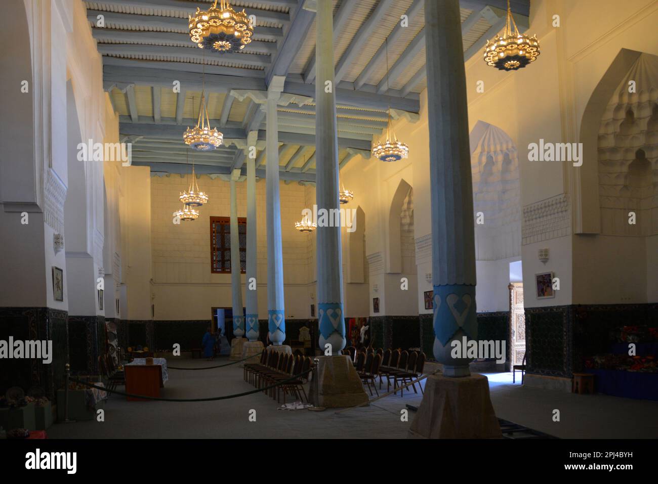 Uzbekistan, Samarkand, Registan: mosque with carved wooden pillars and ...