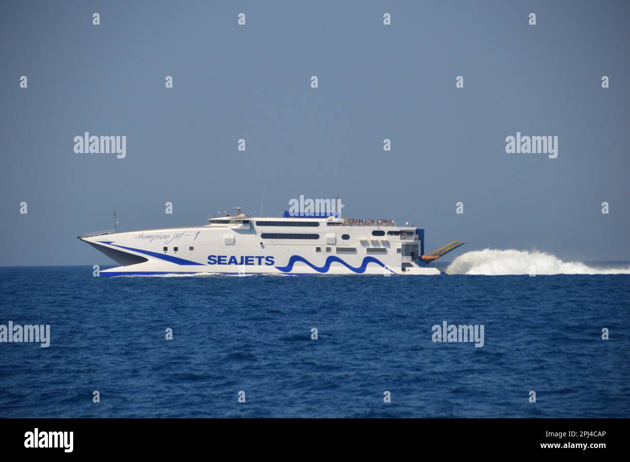 Greece, Island of Astypalaia: an inter-island catamaran of Seajets, about to enter the harbour ...