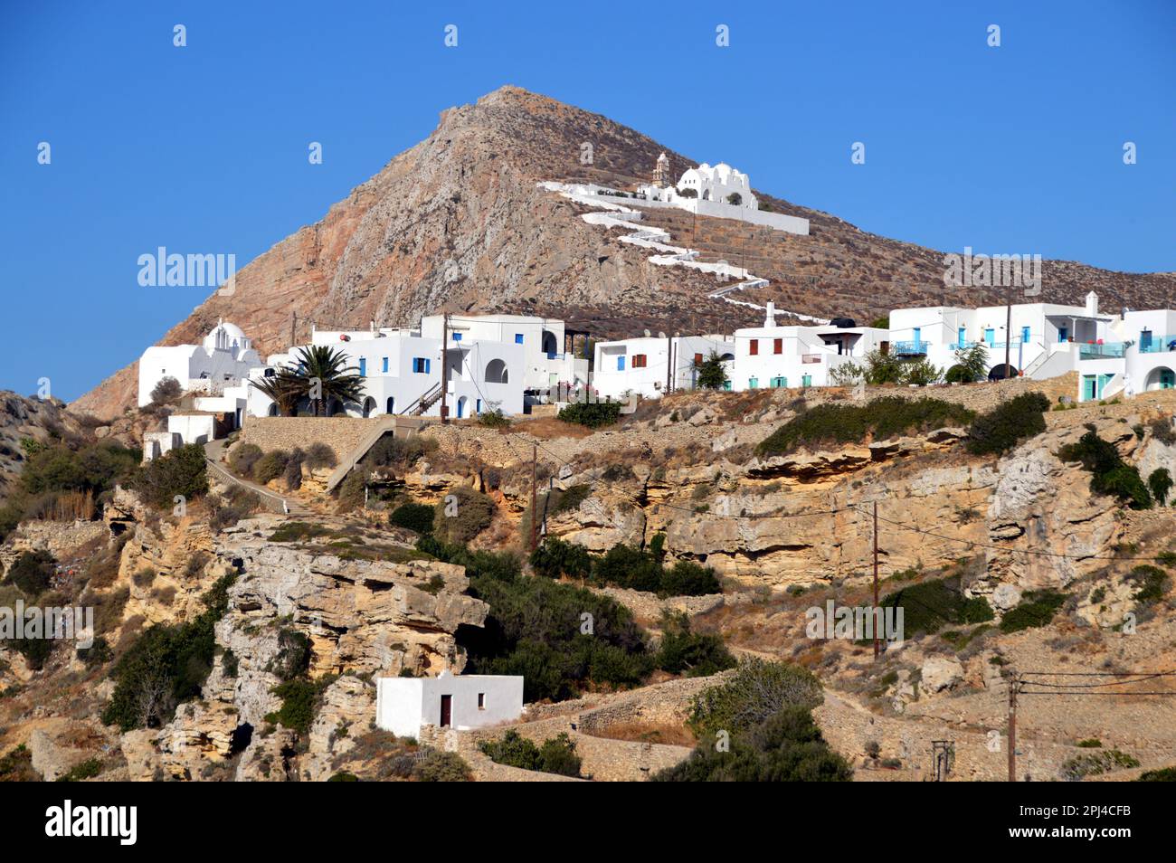 Greece, Island of Folegandros: view of Chora with the zig-zag flight of ...