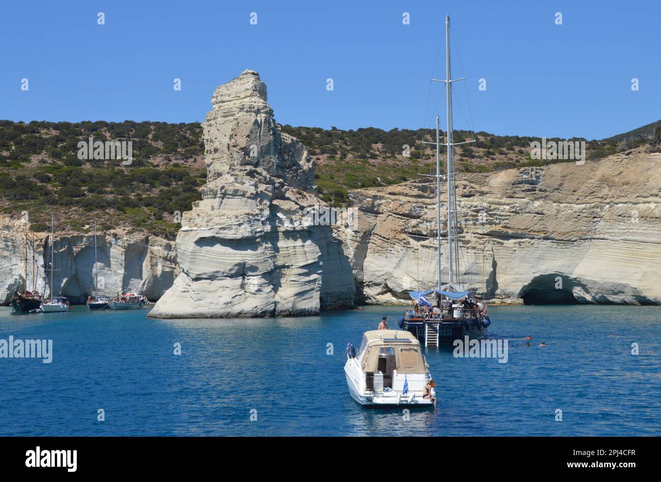 Greece, Island of Milos: the white, volcanic cliffs, rock formations ...