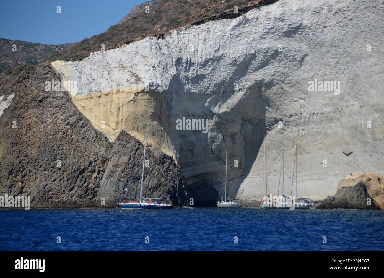 Greece, Island of Milos: the white, volcanic cliffs, rock formations ...