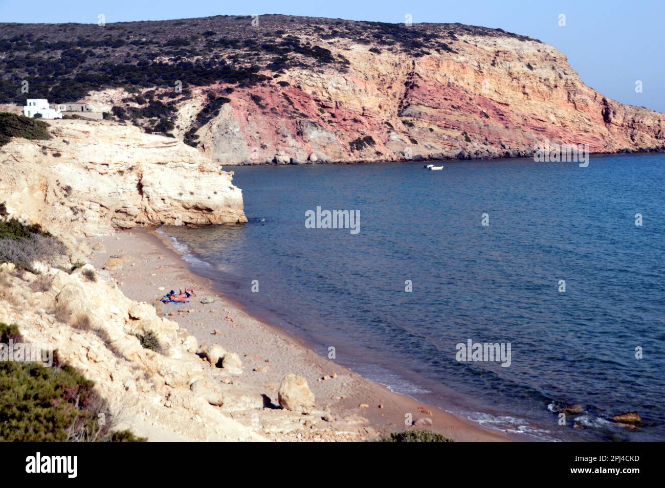 Greece, Island of Milos: view of the beach and headland at Provatas, on ...