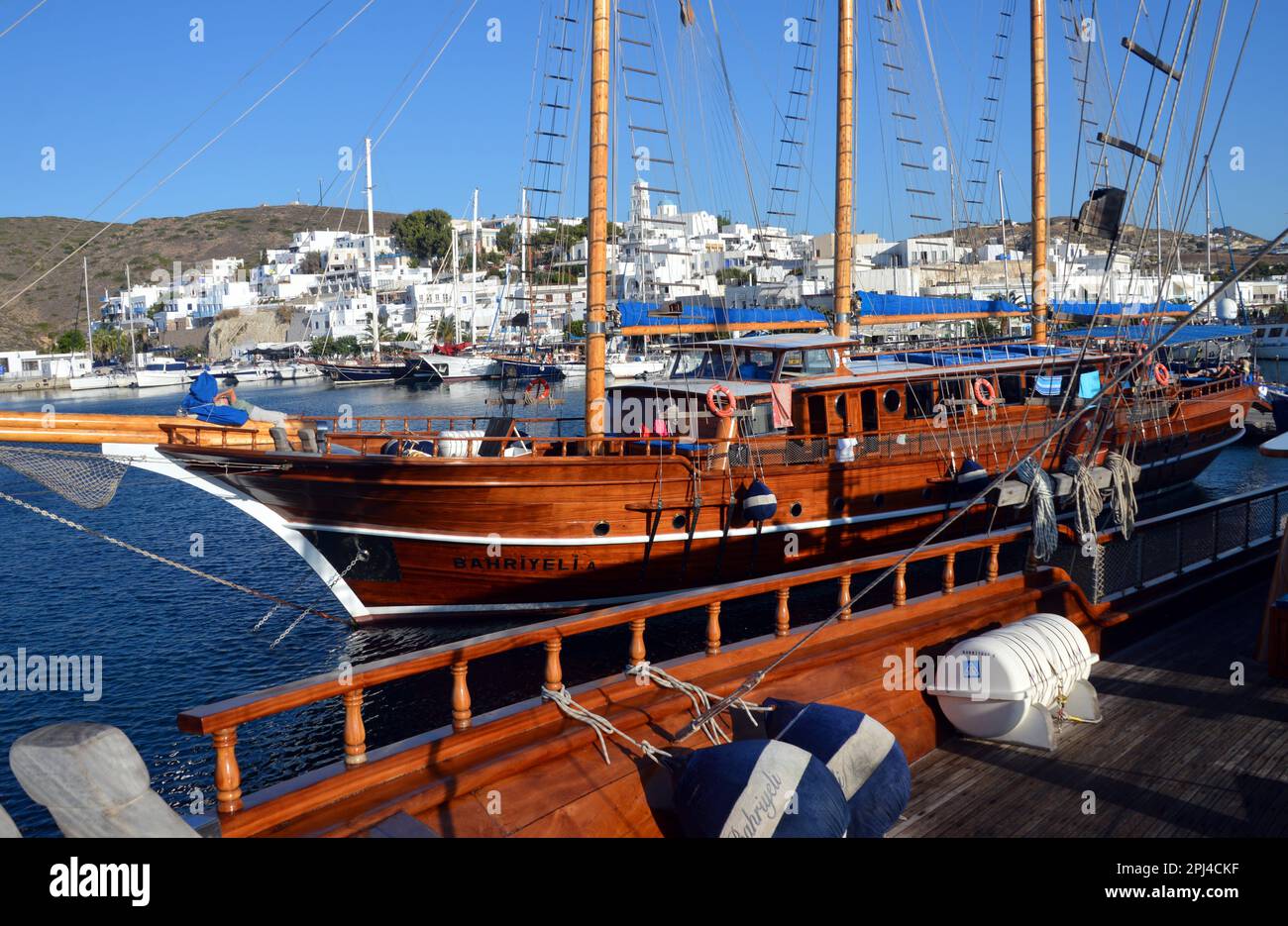 Greece, Island of Milos: sailing ship Bahriyeli in the harbour of ...