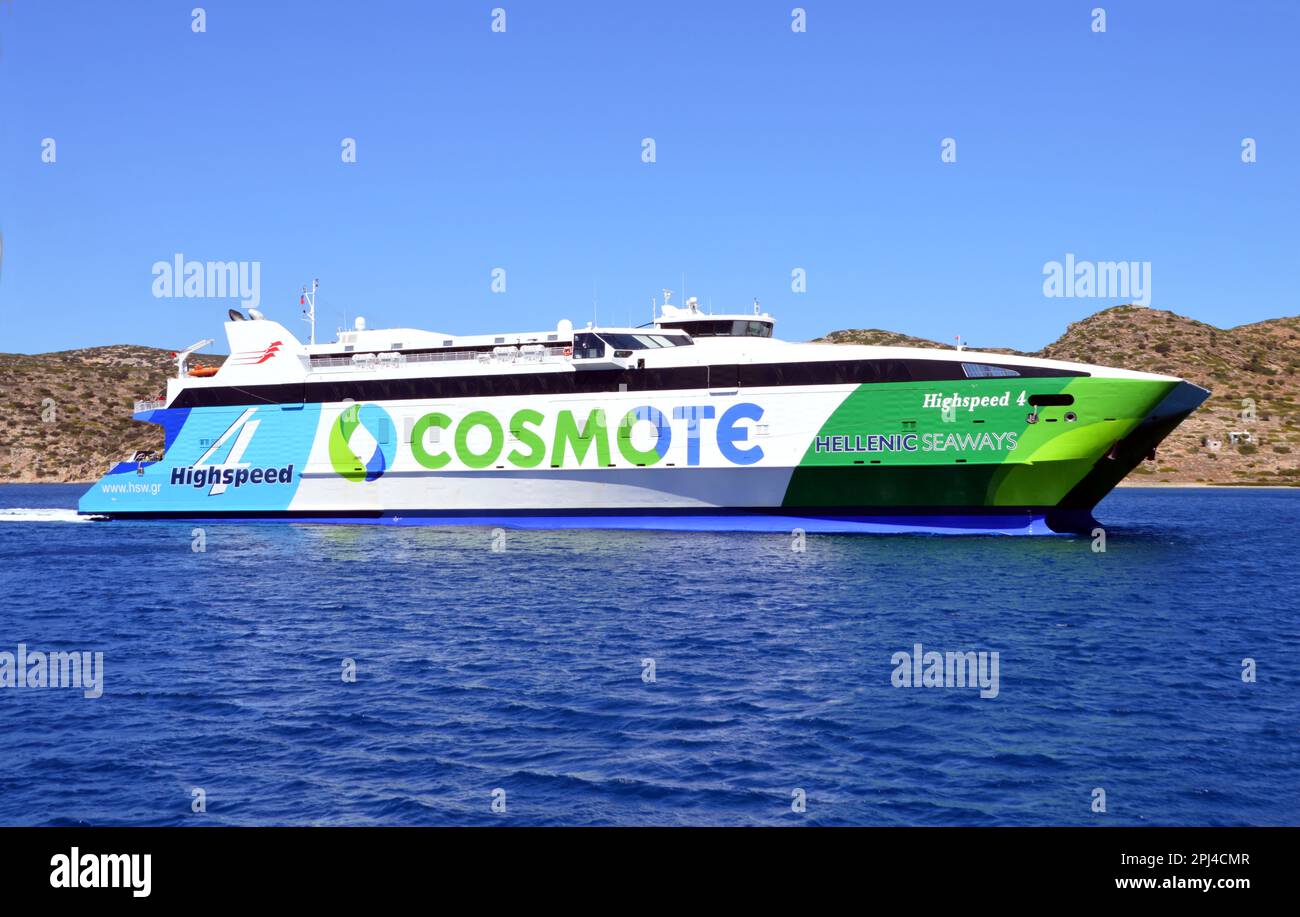 Greece, Island of Amorgos: an inter-island catamaran of Cosmote ...