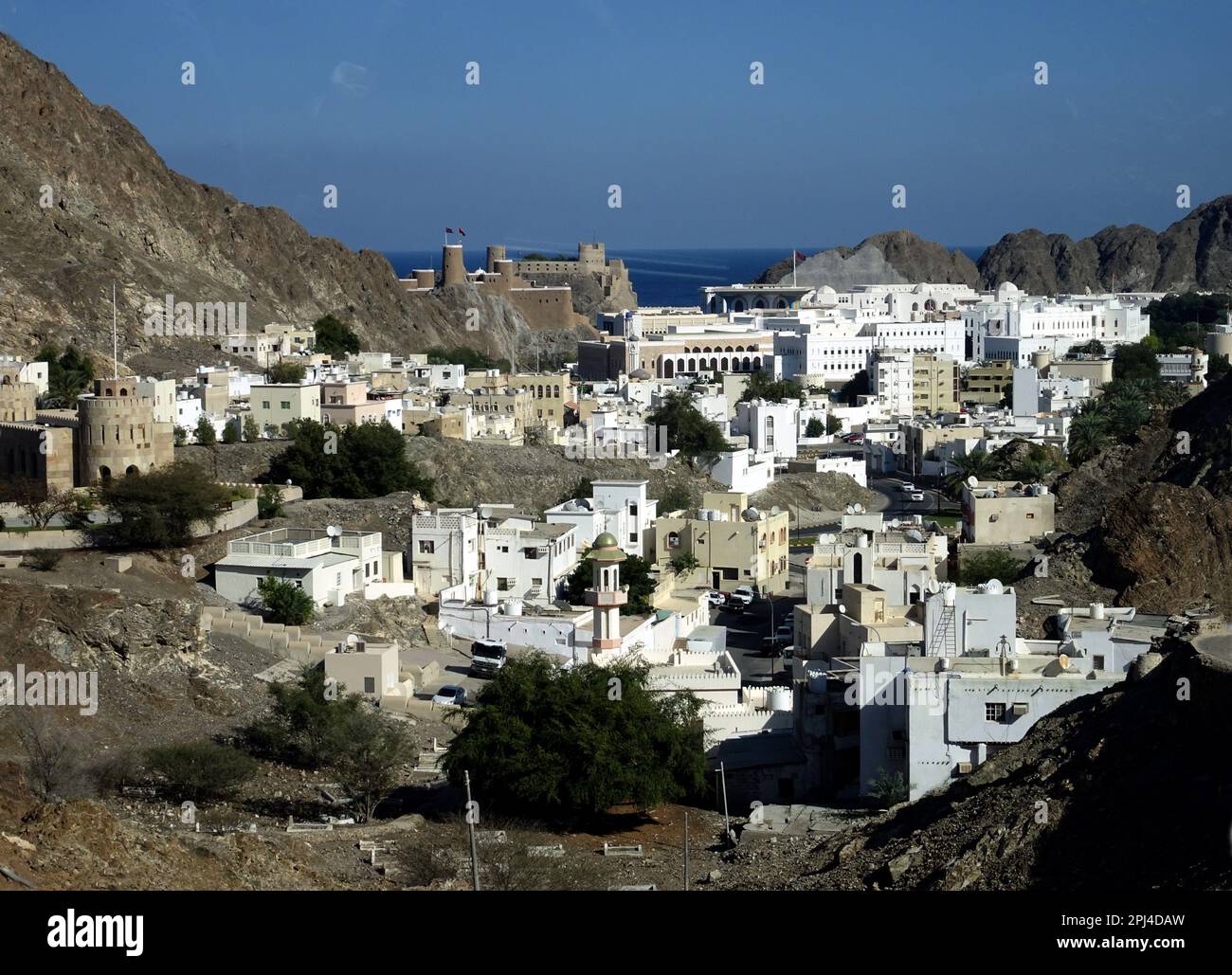 Oman, Muscat: view of Old Muscat with government buildings and Al Alam ...