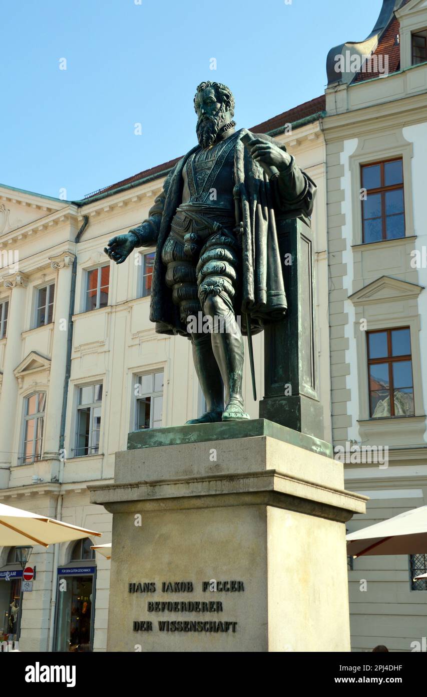 Germany, Bavaria, Swabia, Augsburg: statue of Hans Jakob Fugger, an ...
