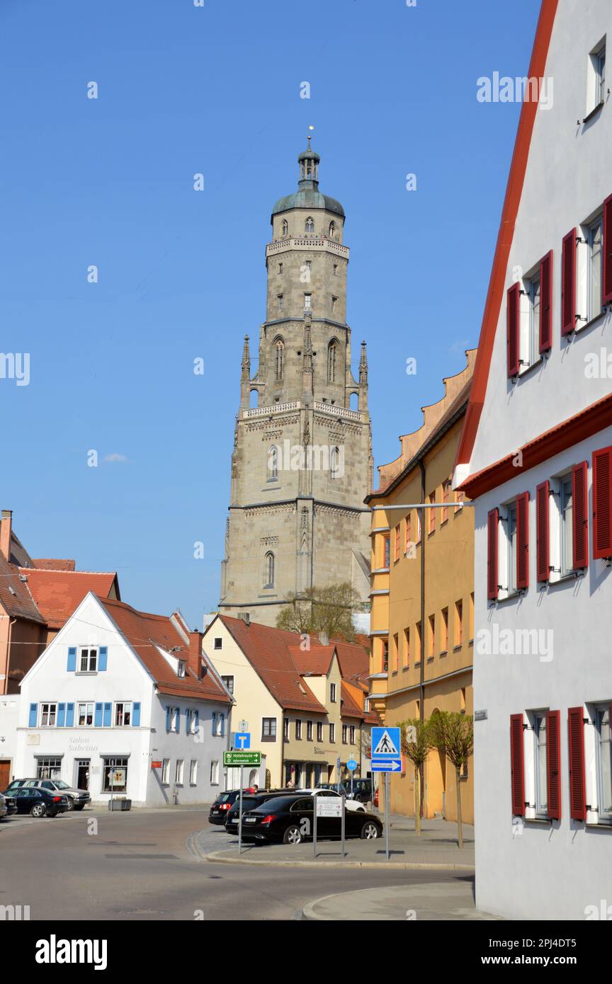 Germany, Bavaria, Swabia, Nördlingen: tower of St. Georges Church ...