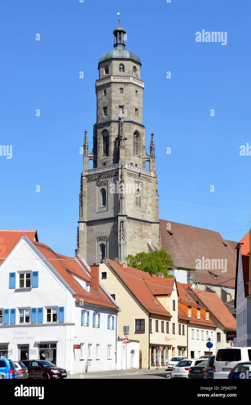 Germany, Bavaria, Swabia, Nördlingen: tower of St. Georges Church ...