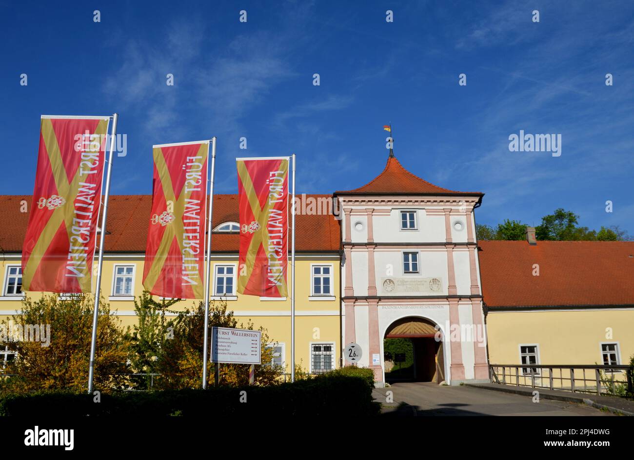 Germany, Bavaria, Swabia, Wallerstein: entrance to Wallerstein Castle ...