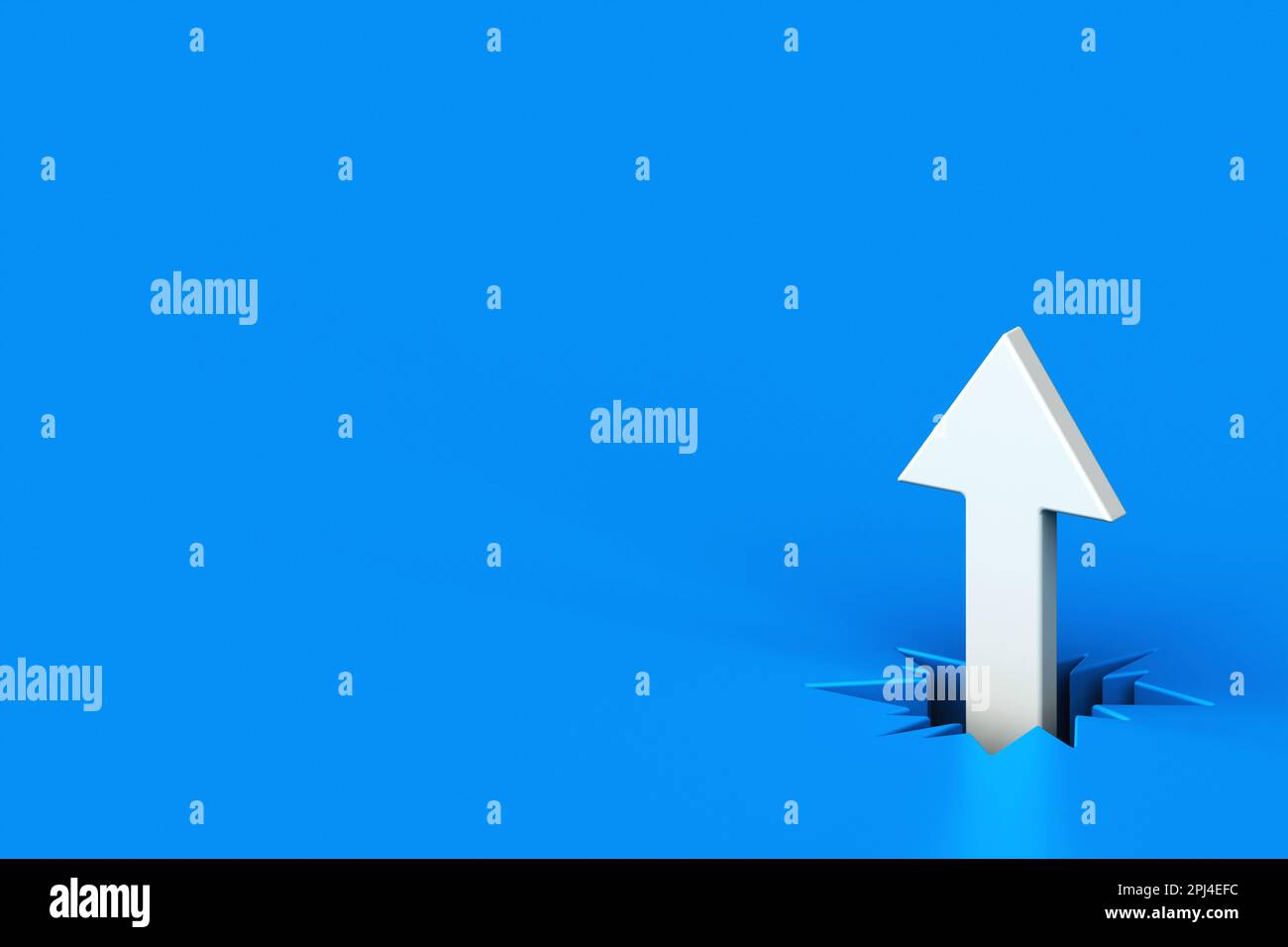 White arrow breaking through from blue floor, 3d white arrow out of ...