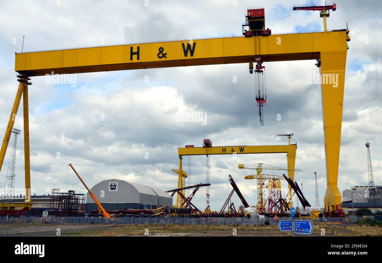 Northern Ireland, Belfast: Harland and Wolff's shipyard with the two ...