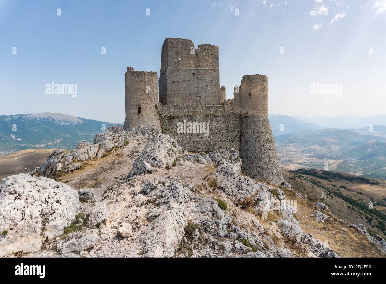 Calascio, Italy-august 9, 2021:particular of the ruins of Rocca ...