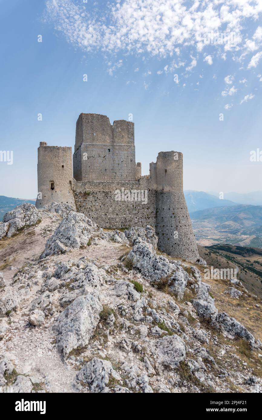 Calascio, Italy-august 9, 2021:particular of the ruins of Rocca ...
