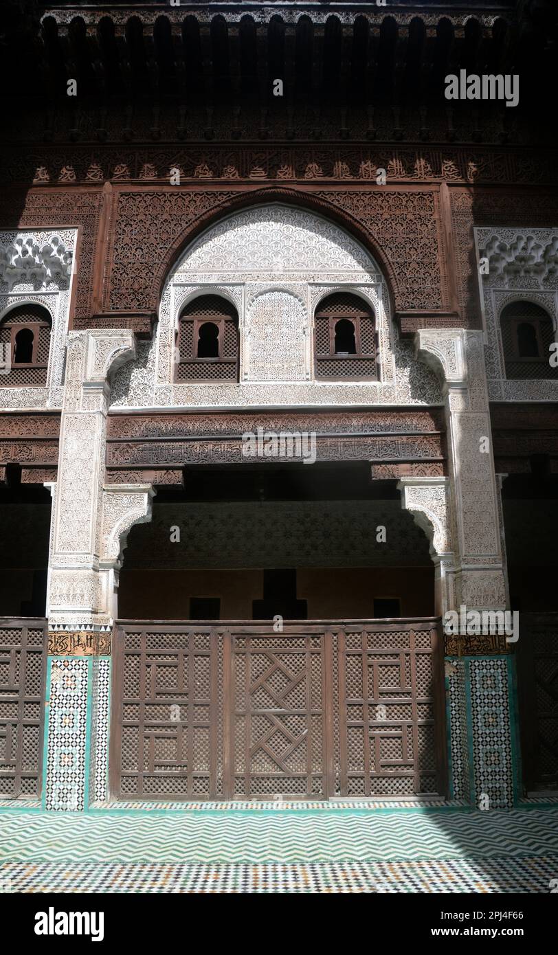 Morocco, Meknes: carved cedar screen and part of the cedar roof and ...