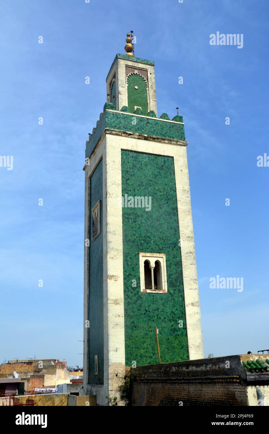 Morocco, Meknes: minaret of the Grande Mosque from the roof of the ...