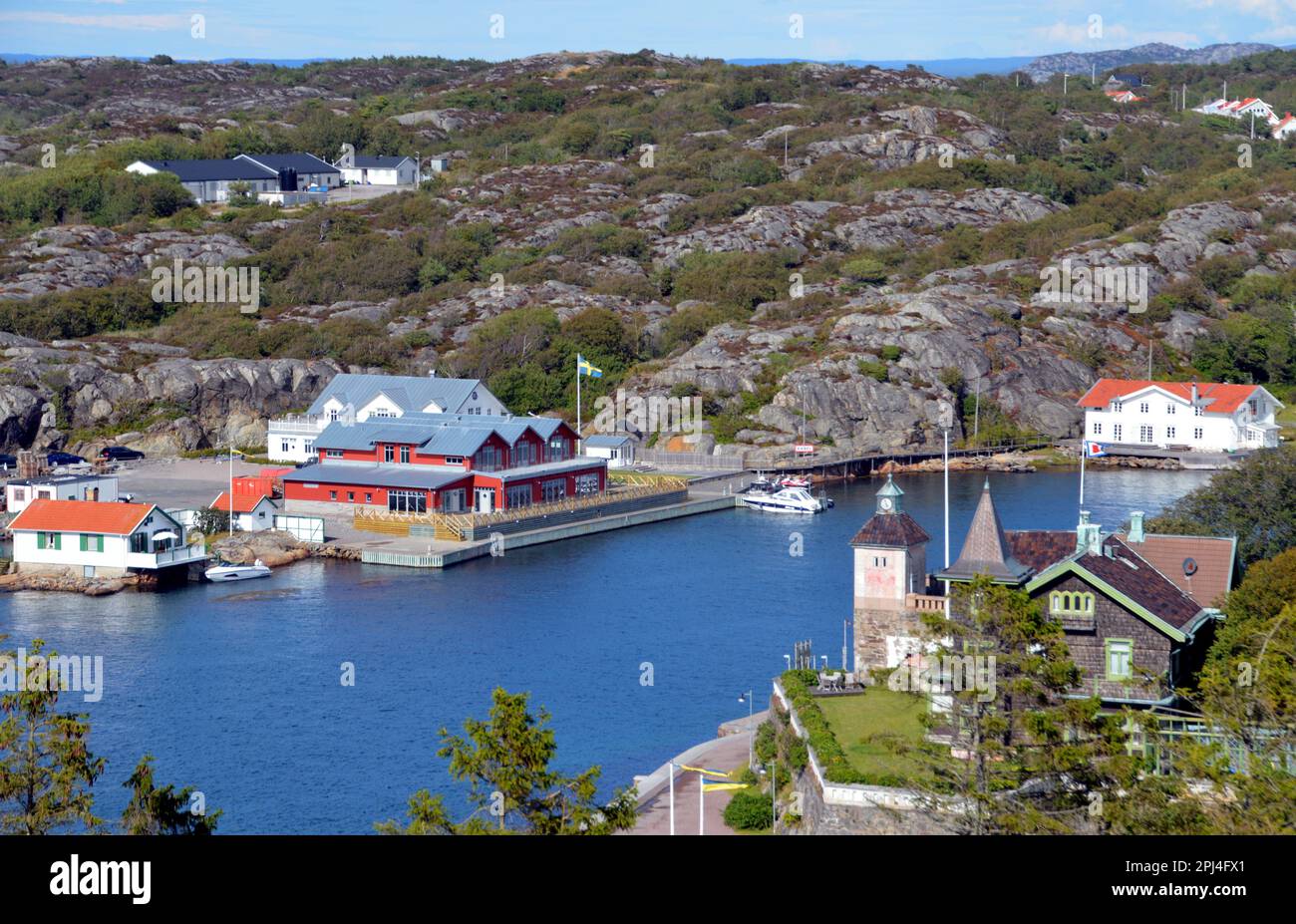 Sweden, Bohusläd, Marstrand Island: church and landing jetty in the ...