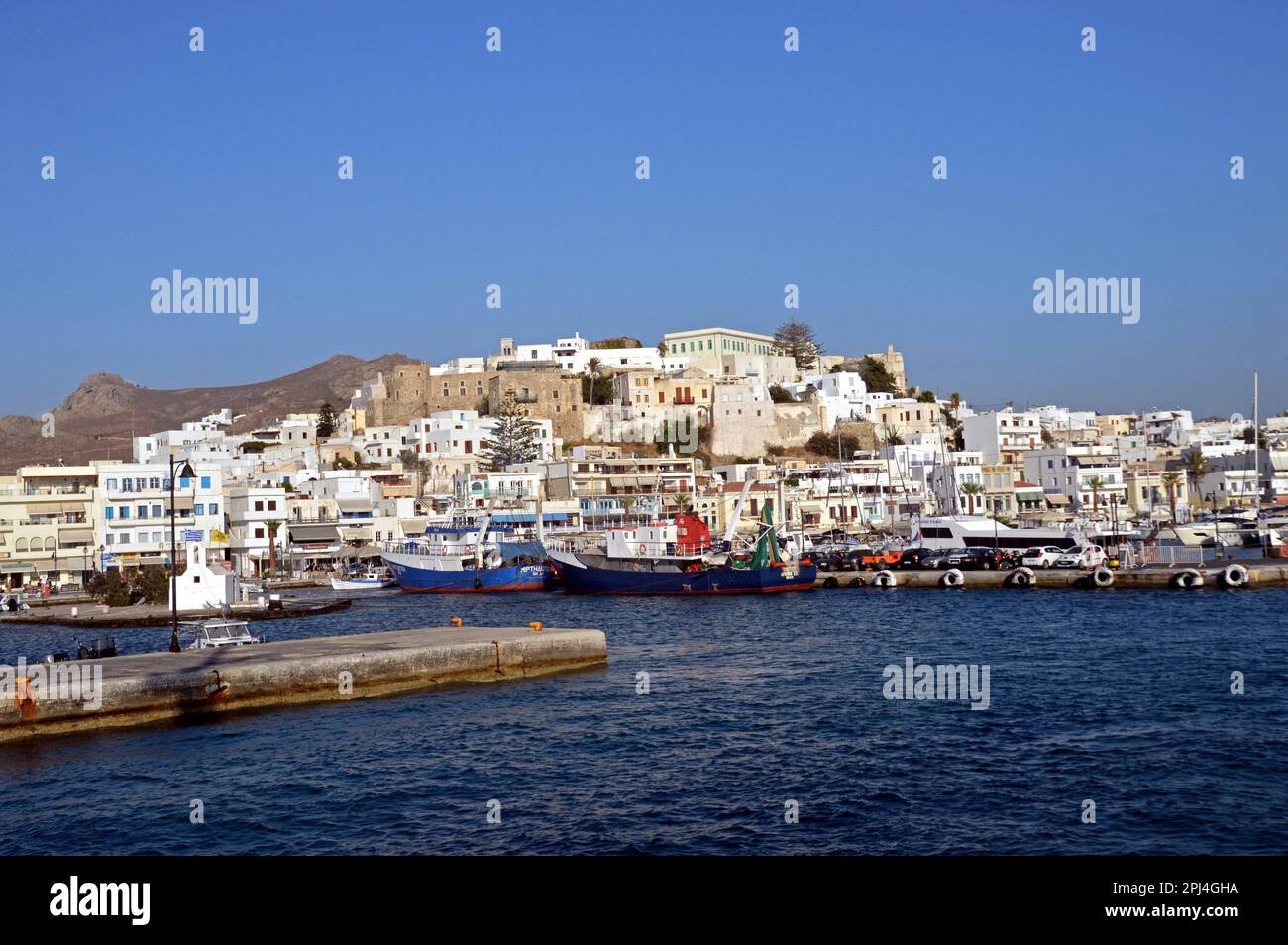 Greece, Island of Naxos: view of Naxos city and Kastro from the harbour ...