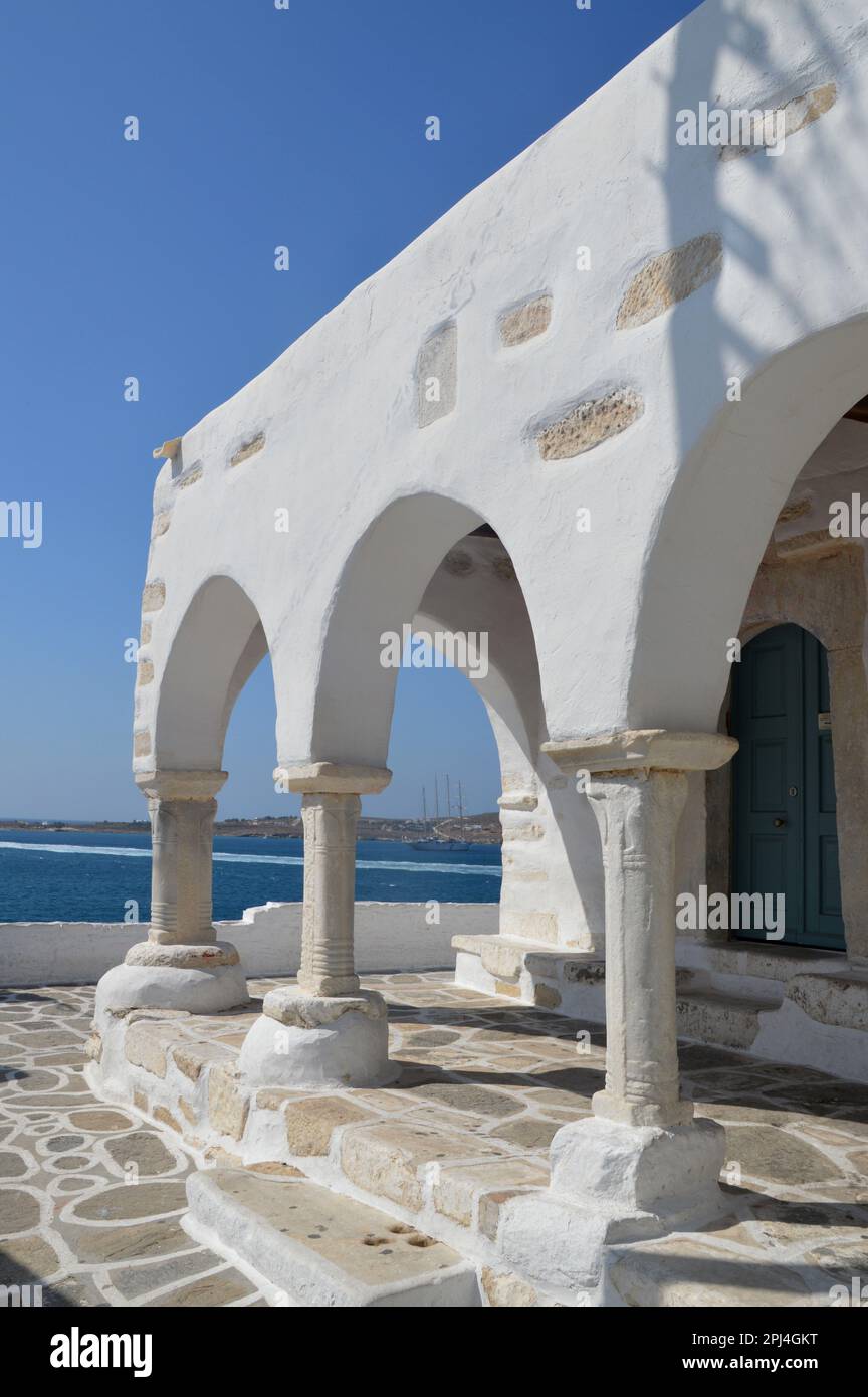 Greece, Island of Paros. Parikia: arched portico of a church with a ...
