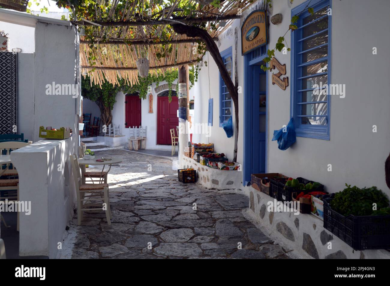 Greece, Island of Amorgos, Chora: a typical street in the hilltop town ...
