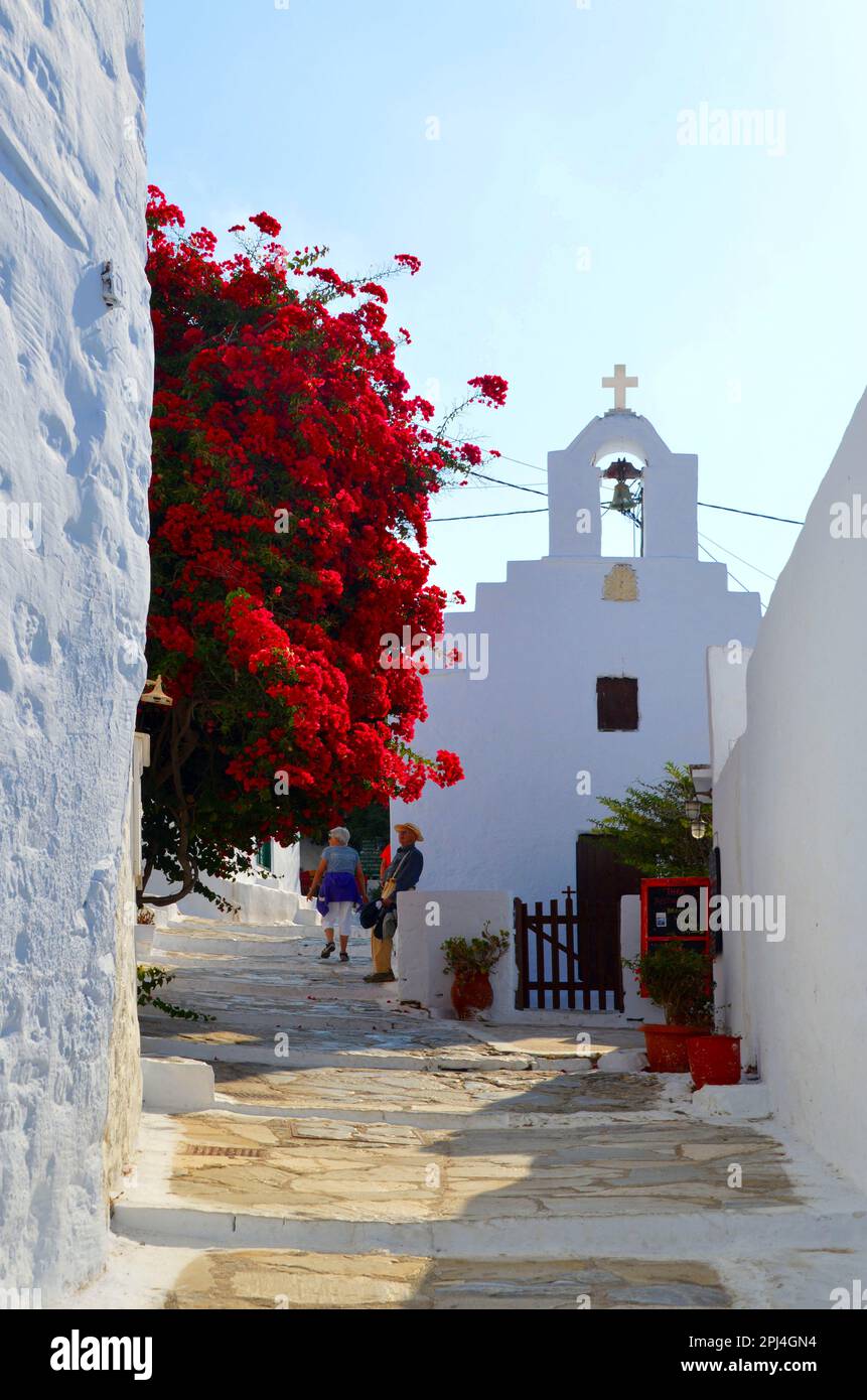 Greece, Island of Amorgos, Chora: a typical street in the hilltop town ...