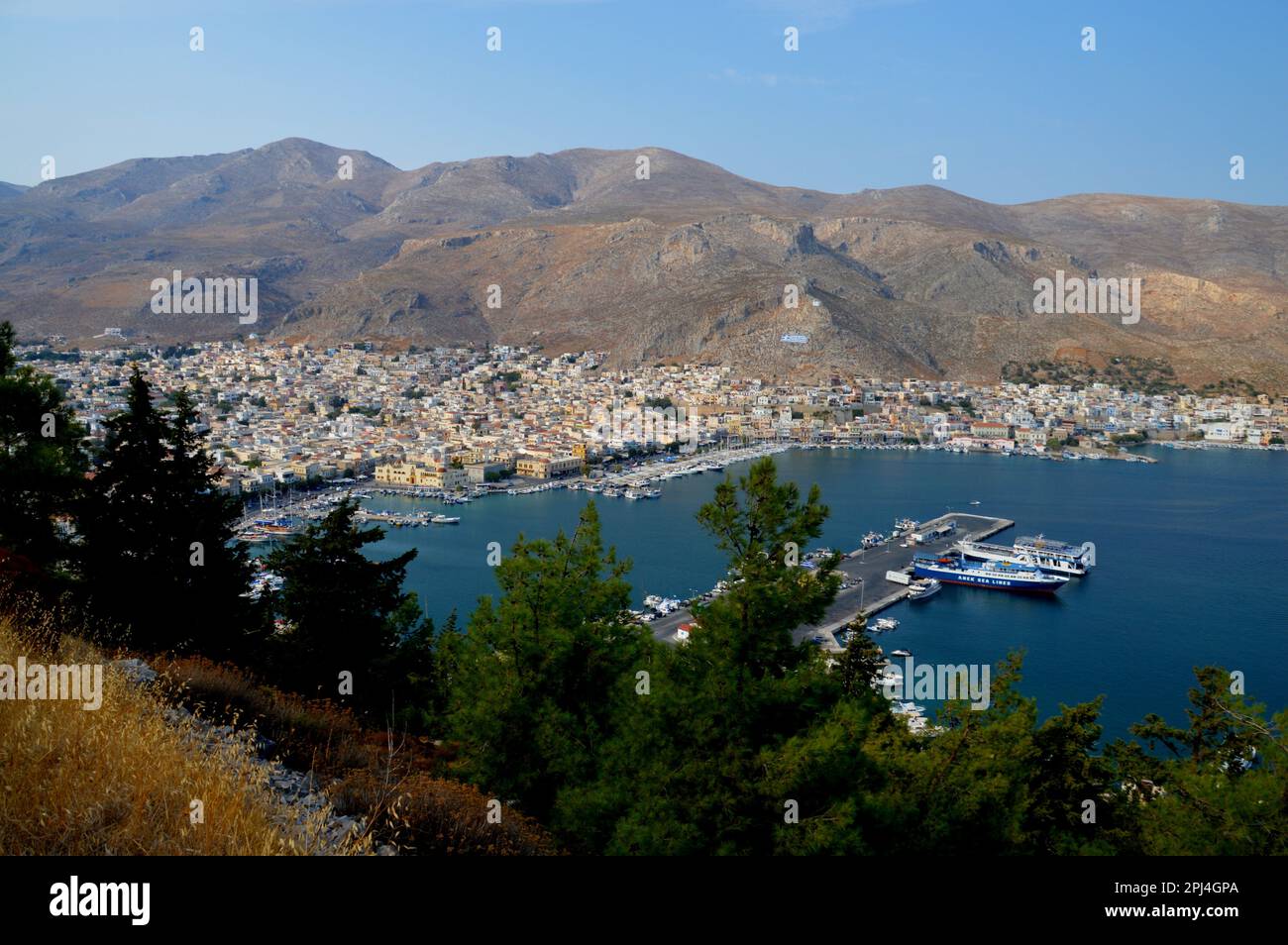 Greece, Island of Kalymnos, Pothia: panoramic view of the town and ...