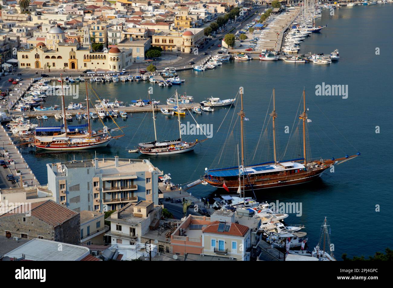 Greece, Island of Kalymnos, Pothia: view of the harbour and town hall ...