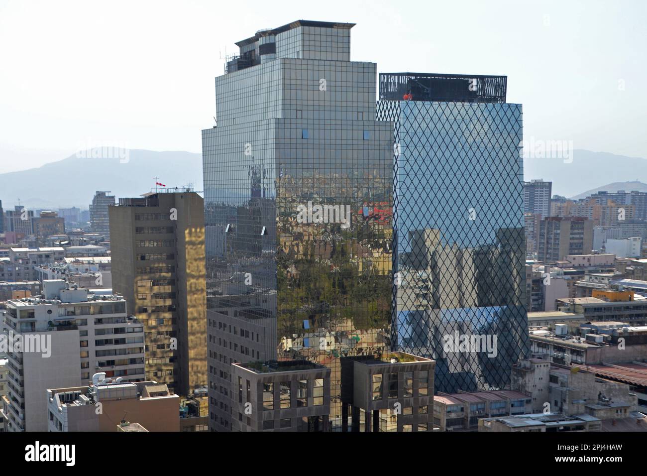 Chile. Santiago: view from Santa Lucia Hill, with the city reflected in ...