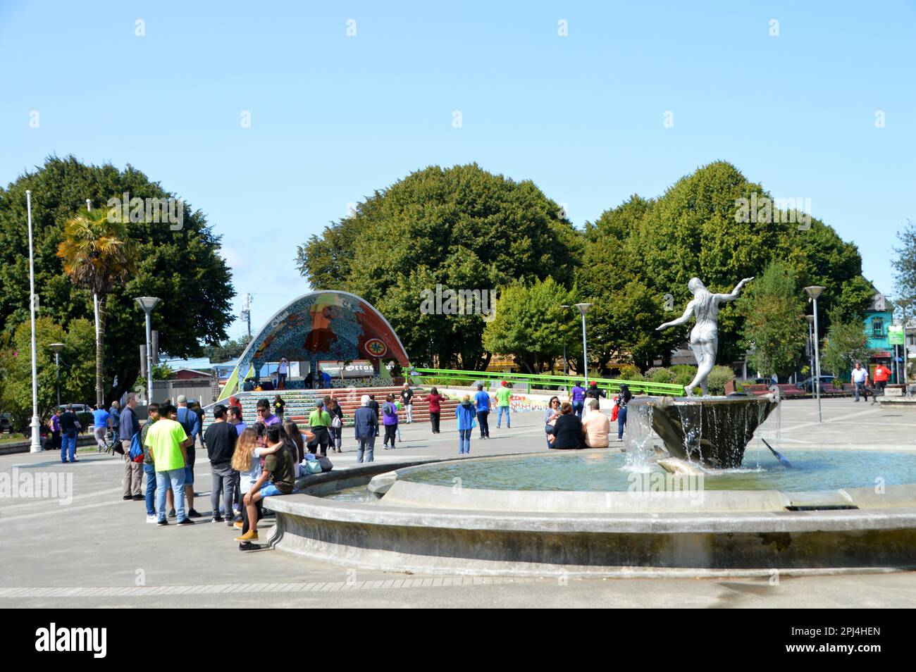 Chile. Chiloe, Castro: Plaza de Armas, with figure of La Pincoya, a ...