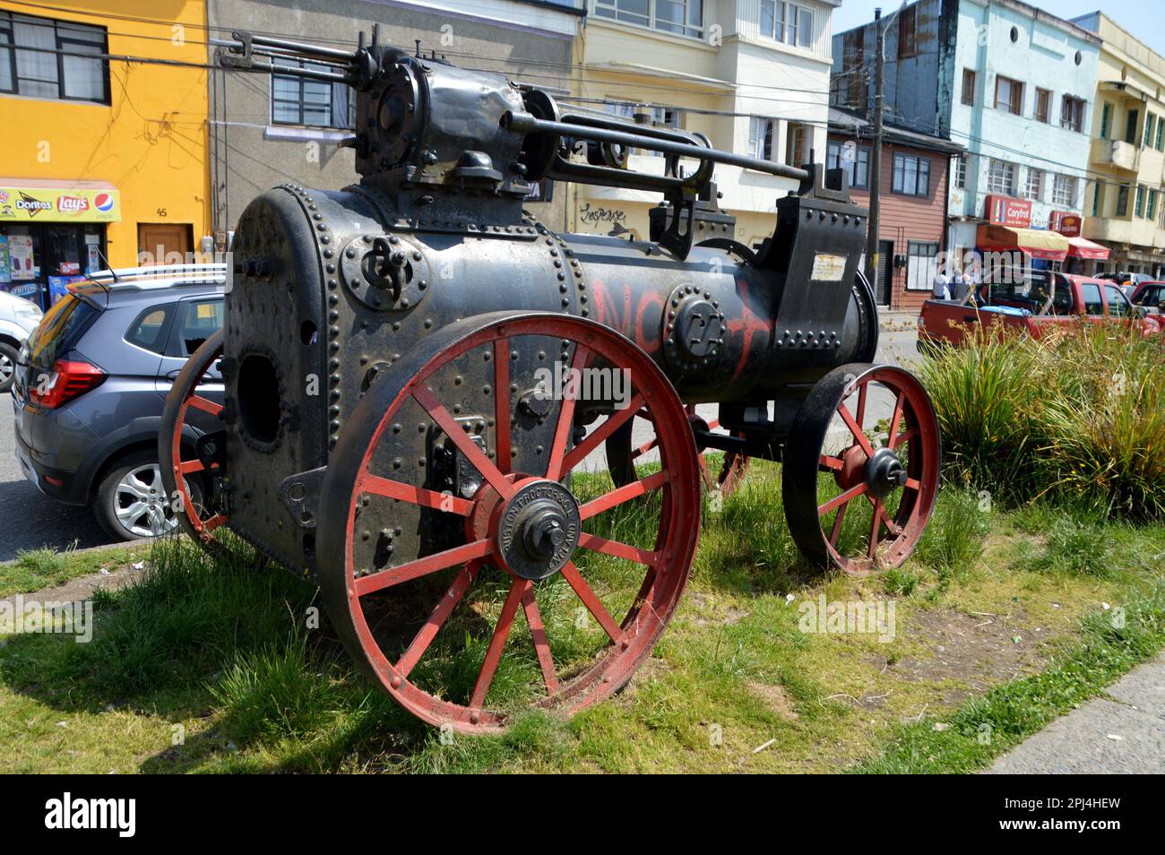 Chile. Chiloe, Castro: Plaza de los Trenes: a preserved steam engine ...