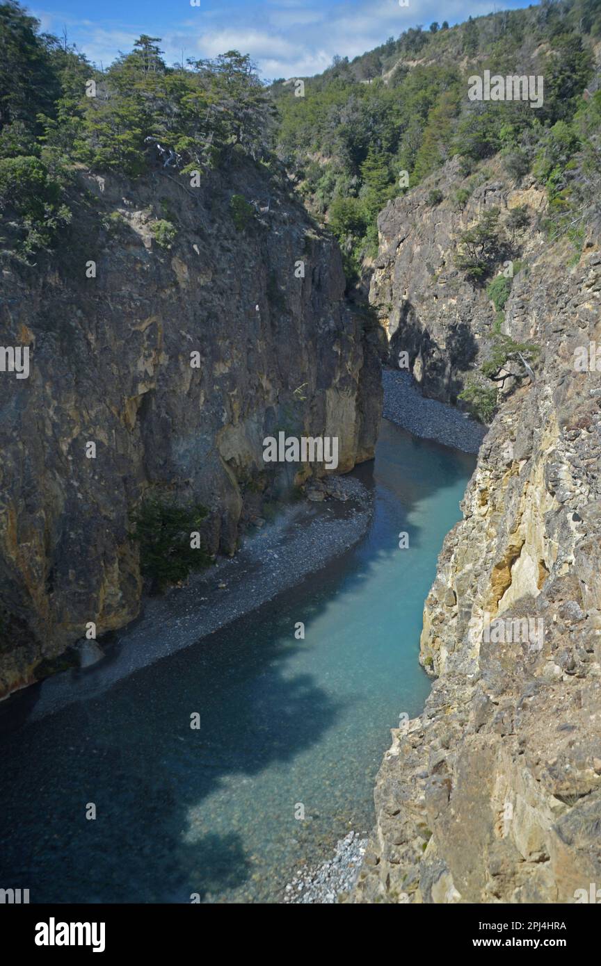 Chile, El Maiten: view from the Puente Rio Maiten bridge, where the ...