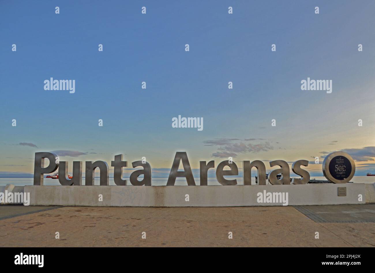 Chile, Punta Arenas: the town's name, in large chromium lettering ...