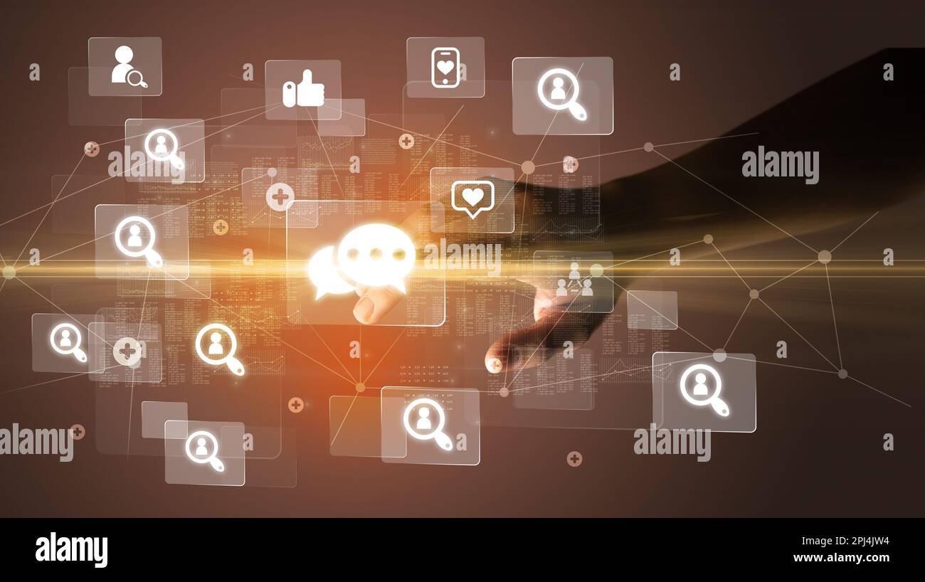 Hand pressing social media multimedia application screen with media ...