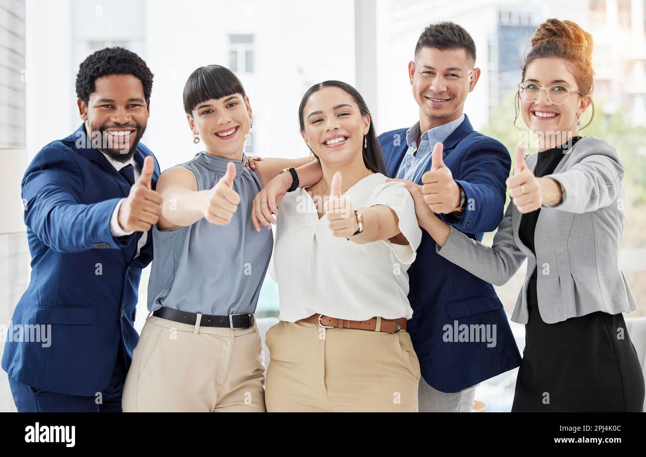 Business people, portrait and thumbs up for winning, good job or team ...
