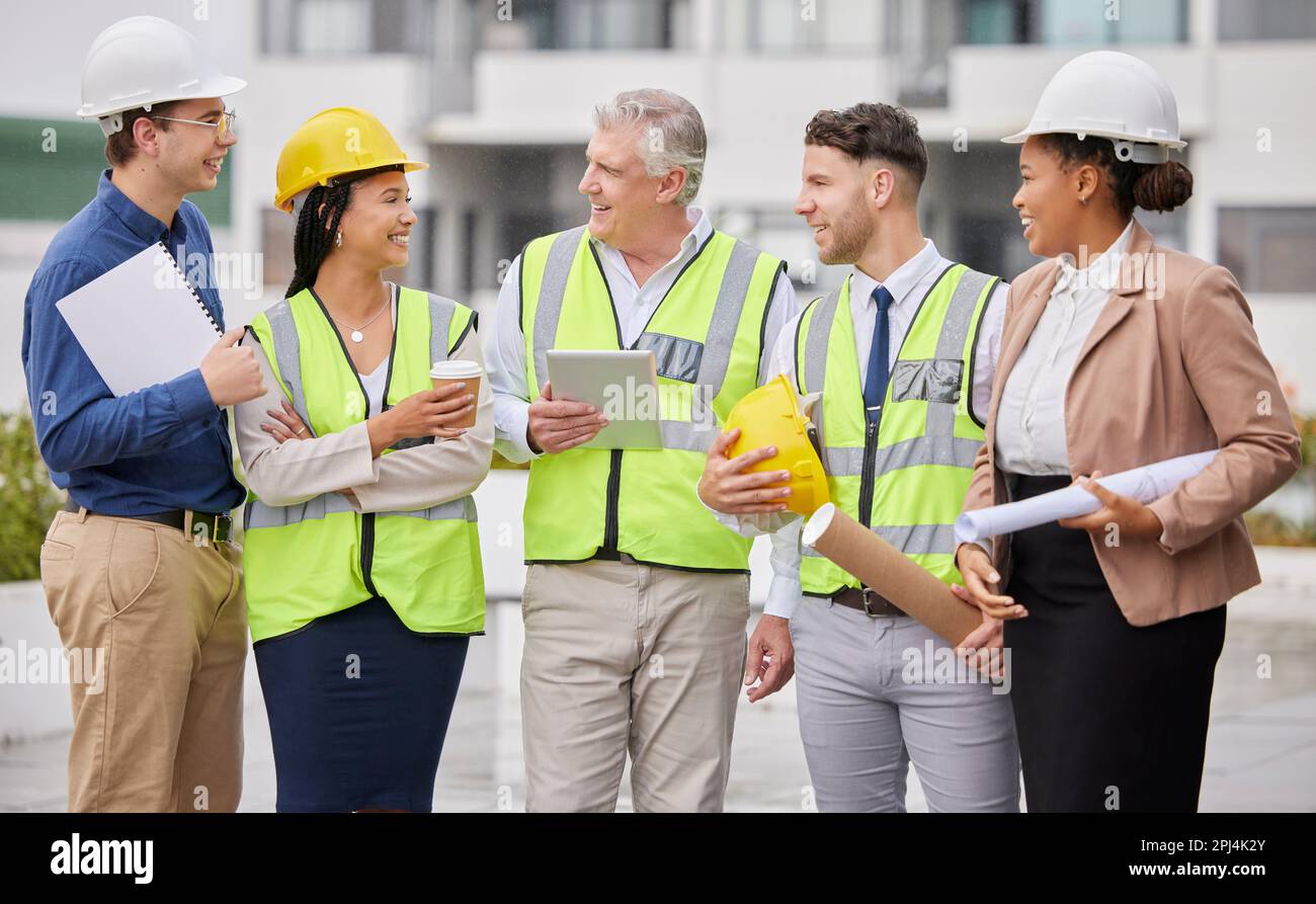 Construction site, team and meeting at a building for planning ...