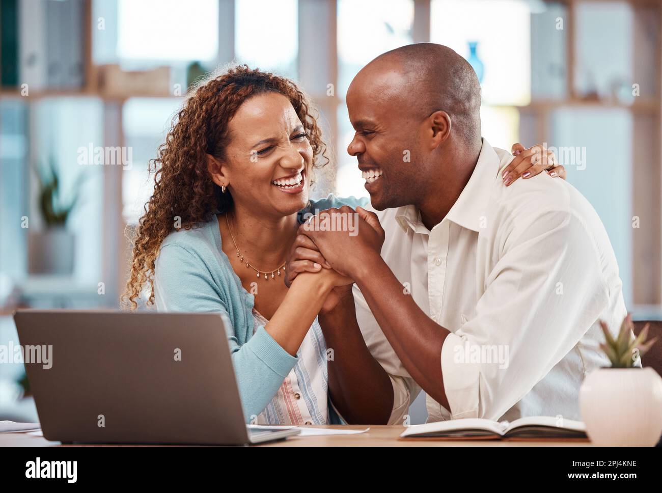 Happy, laptop and a couple excited about an email, insurance news and ...