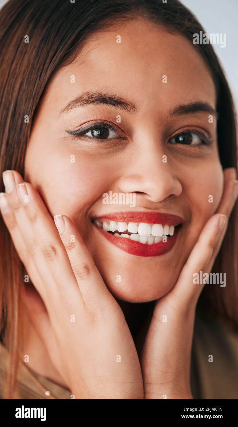 Face closeup, woman smile and makeup of a gen z, youth and female model ...