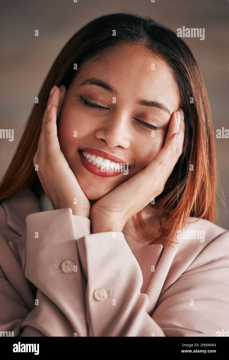 Happy, content and woman with self love at work isolated on a studio ...