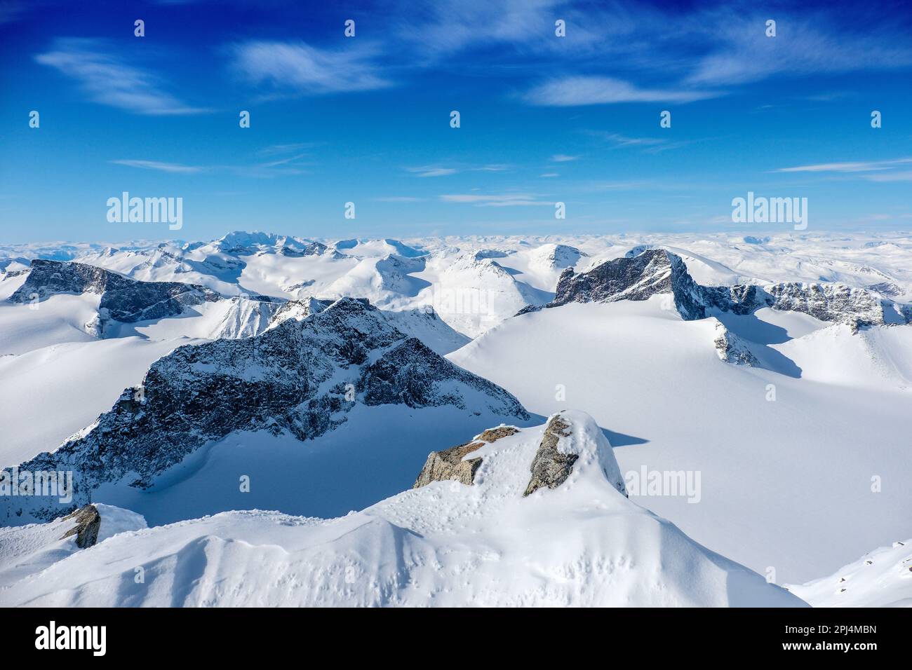 View from Norway and Scandinavia's highest mountain Galdhopiggen in the ...