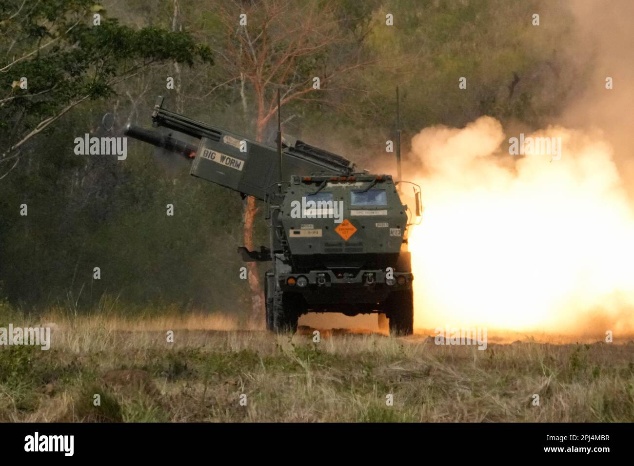 A U.S. M142 High Mobility Artillery Rocket System (HIMARS) fires a ...
