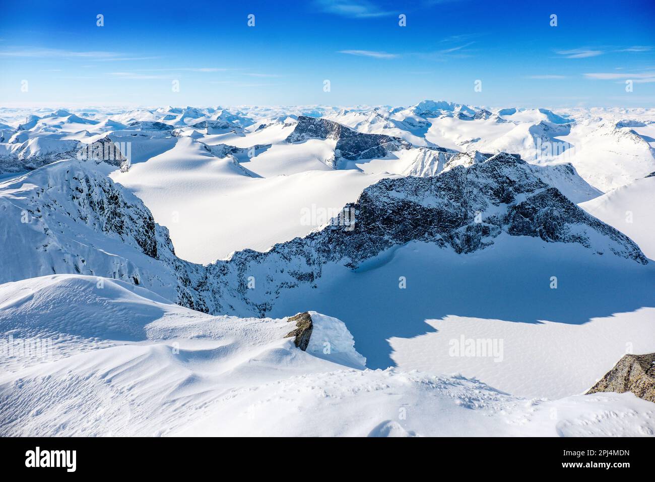 View from Norway and Scandinavia's highest mountain Galdhopiggen in the ...
