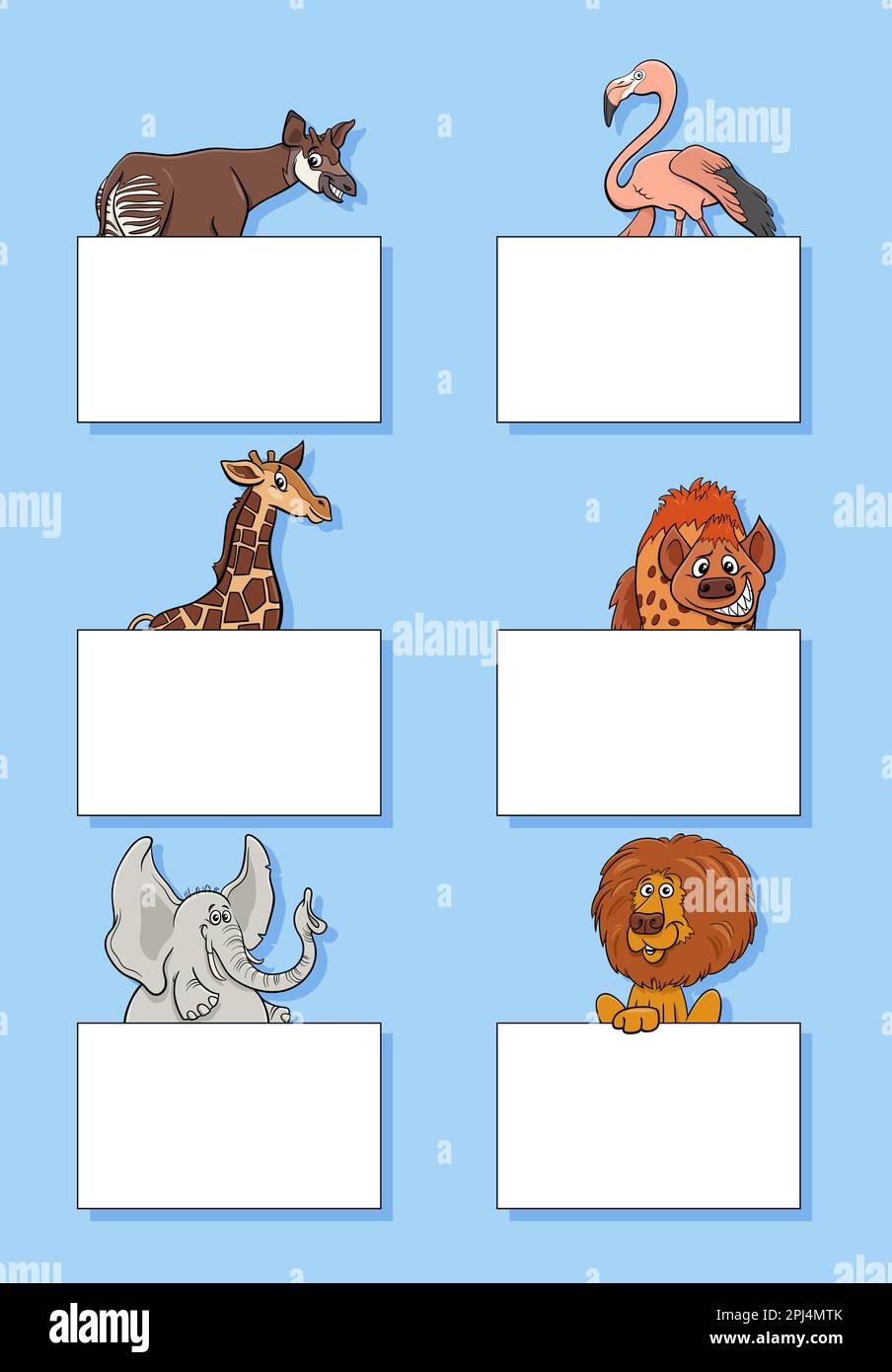 Cartoon illustration of funny animals with white cards or banners ...