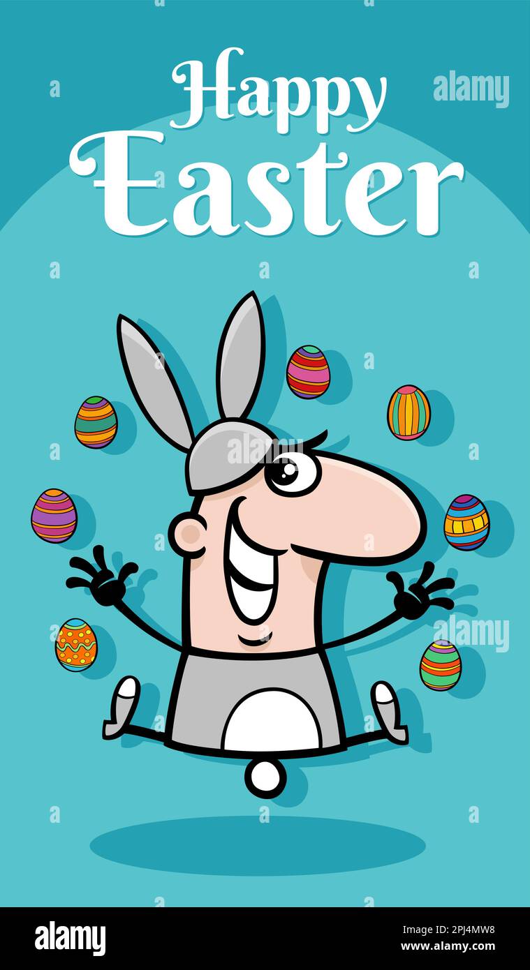 Cartoon illustration of funny man in Easter Bunny costume with colorful ...