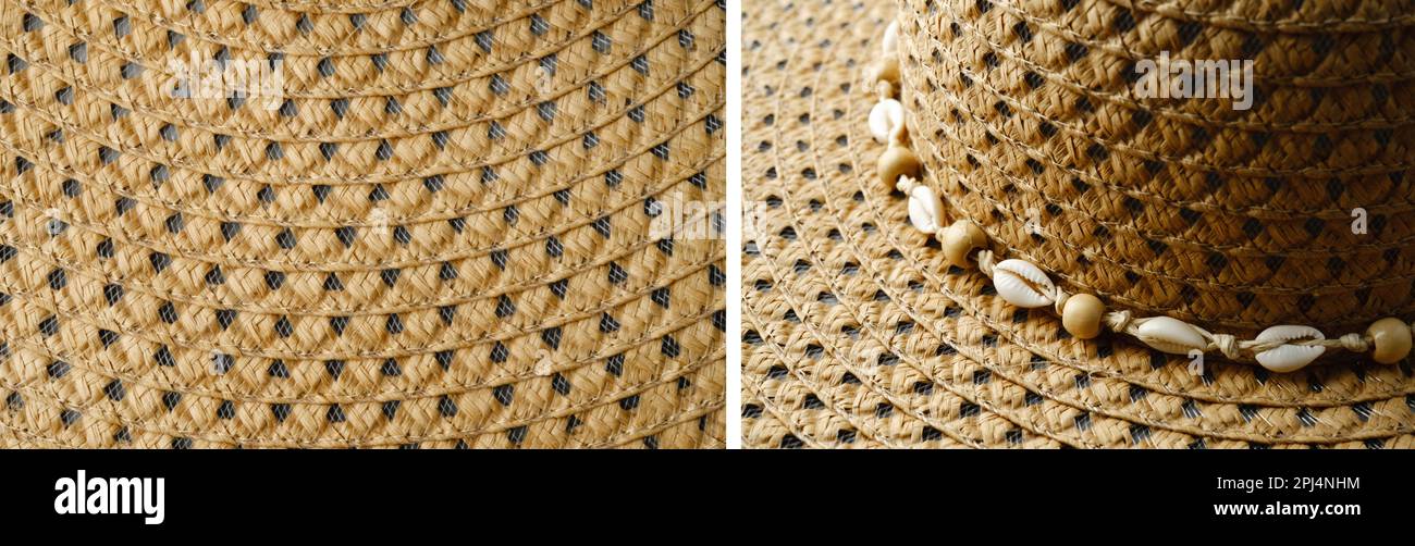 Straw sun hat with shells isolated on white background, sun protection ...